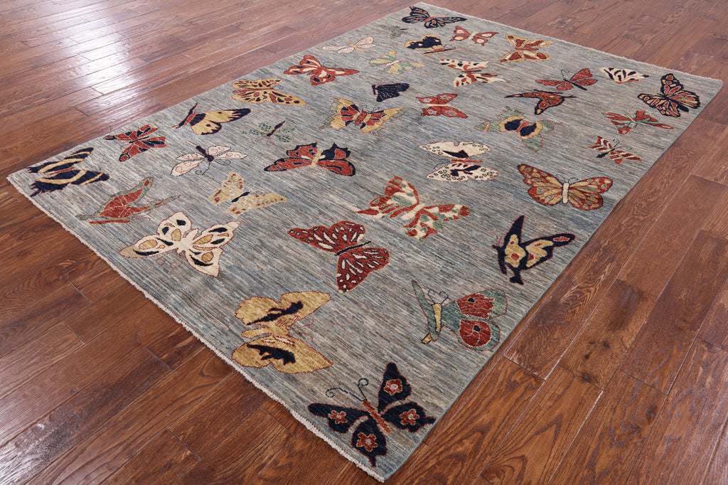 Grey Butterflies Design Modern Hand-Knotted Wool Rug - 6' 0" X 8' 7 ...
